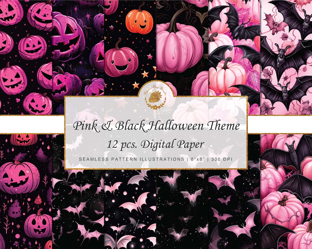 Black & Pink Halloween Seamless Patterns: Elegant Gothic Digital Paper ...