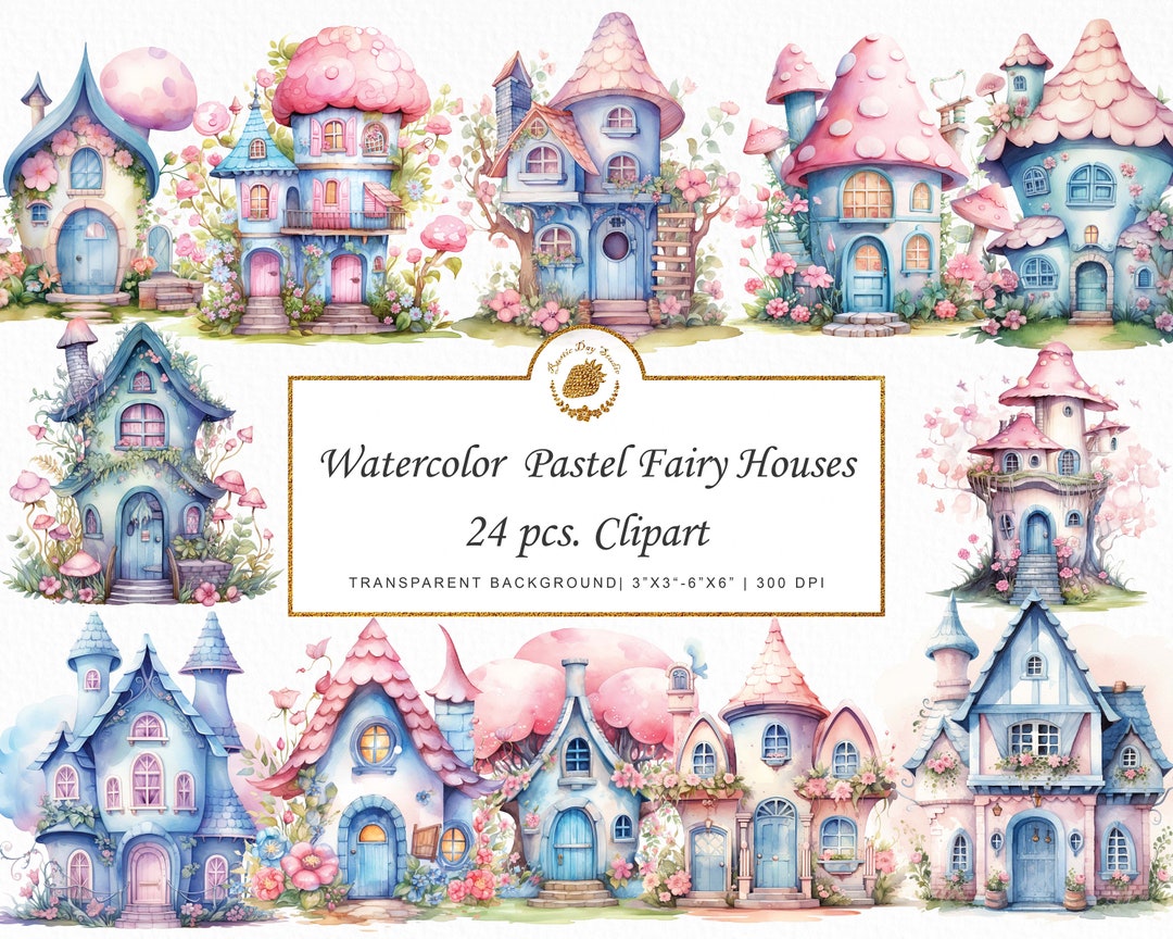 Watercolor Cute Pastel Fairy House Watercolor Clipart Fantasy Clipart ...