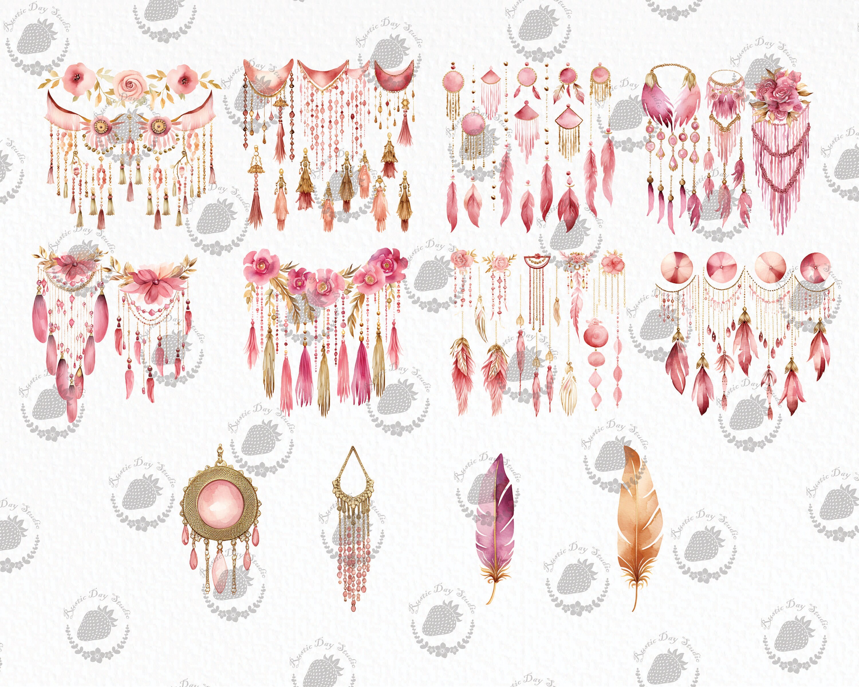 Watercolor Boho Clipart Tassel Clipart Garland Clipart Digital Art Pink ...