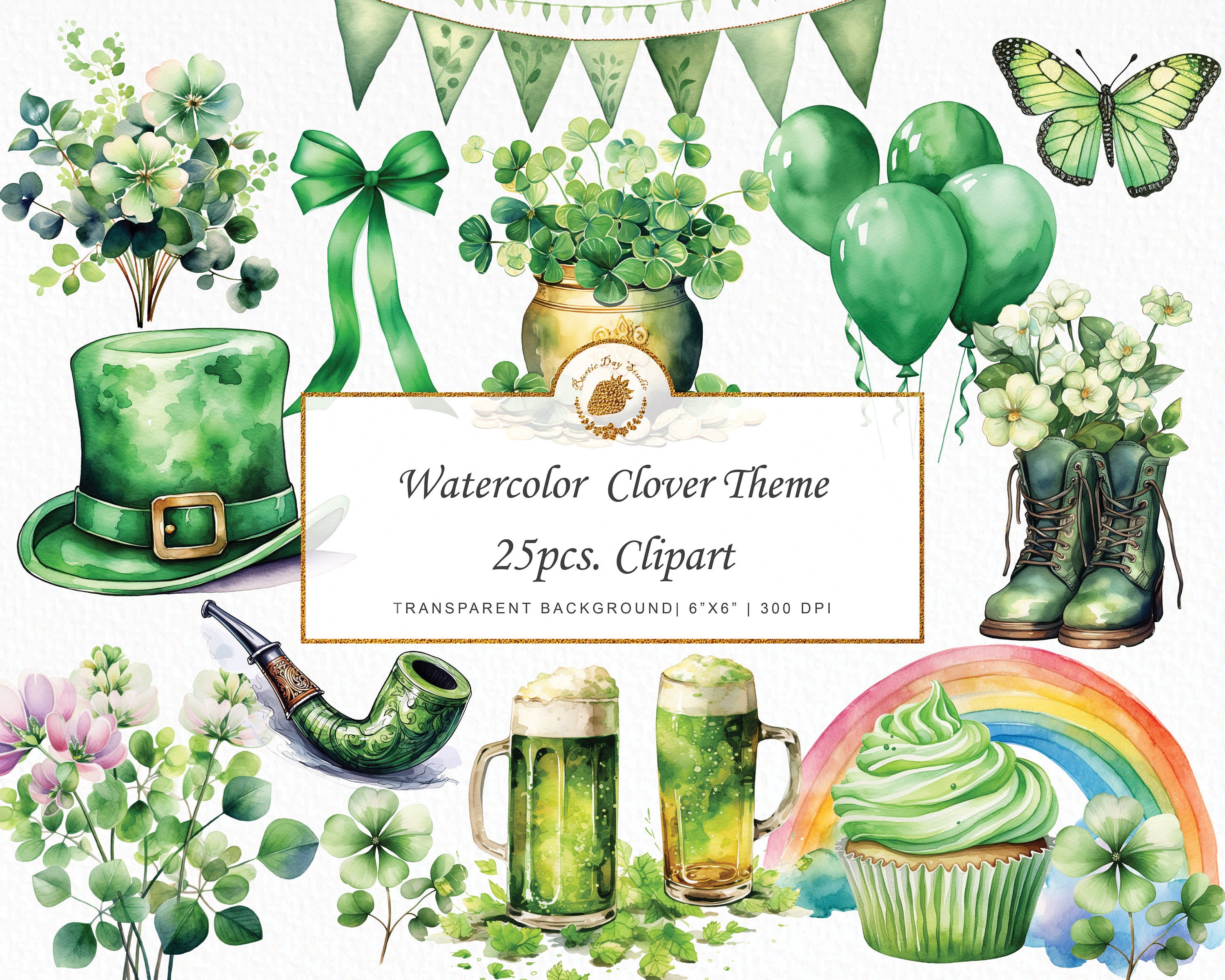 Watercolor Clover Clipart St. Patrick's Day Bundle Element Graphics Watercolor Download Green ...