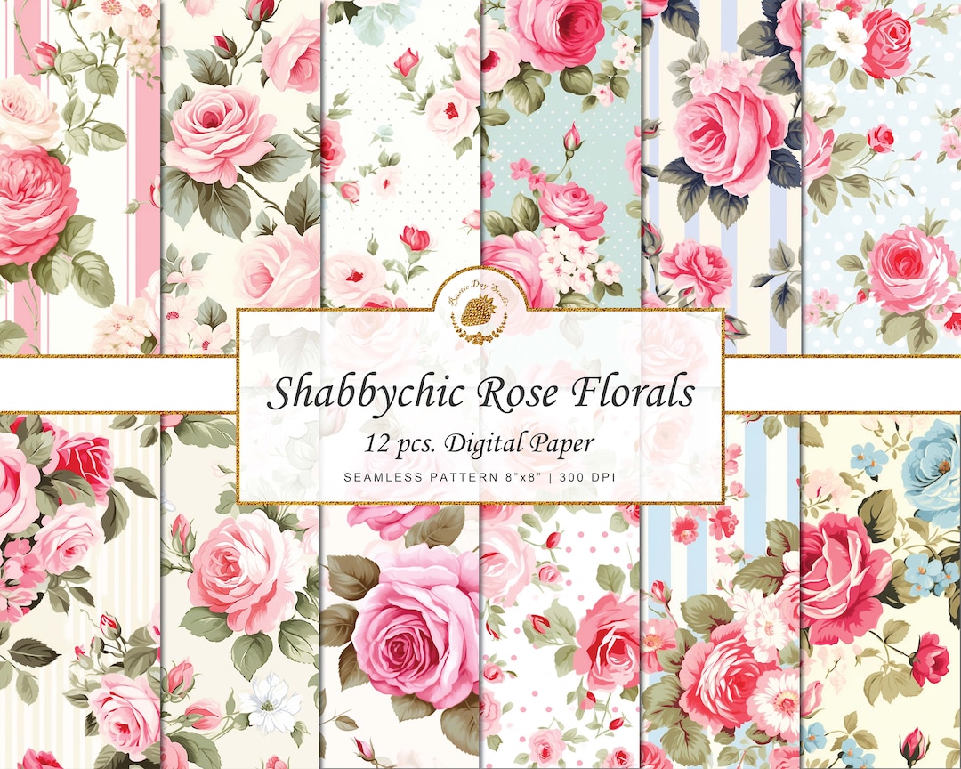 Shabby Chic Rose Floral Digital Paper Seamless Floral Pattern Bundle ...