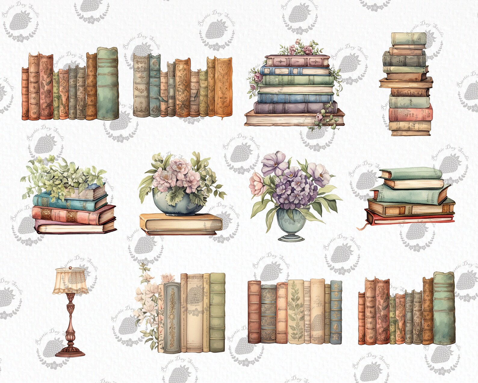 Watercolor Cottagecore Books Clipart Antique Books Bundle Library ...