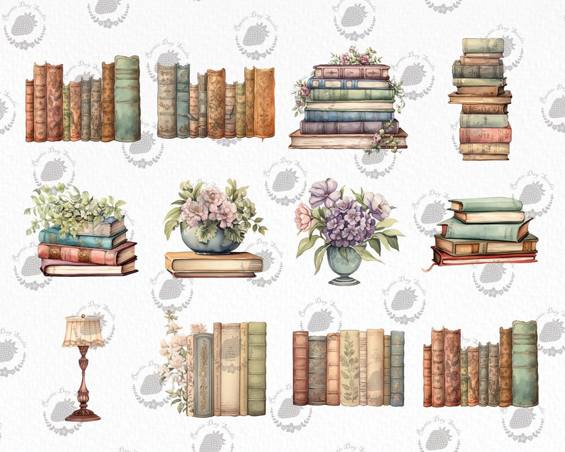 Watercolor Cottagecore Books Clipart Antique Books Bundle Library ...