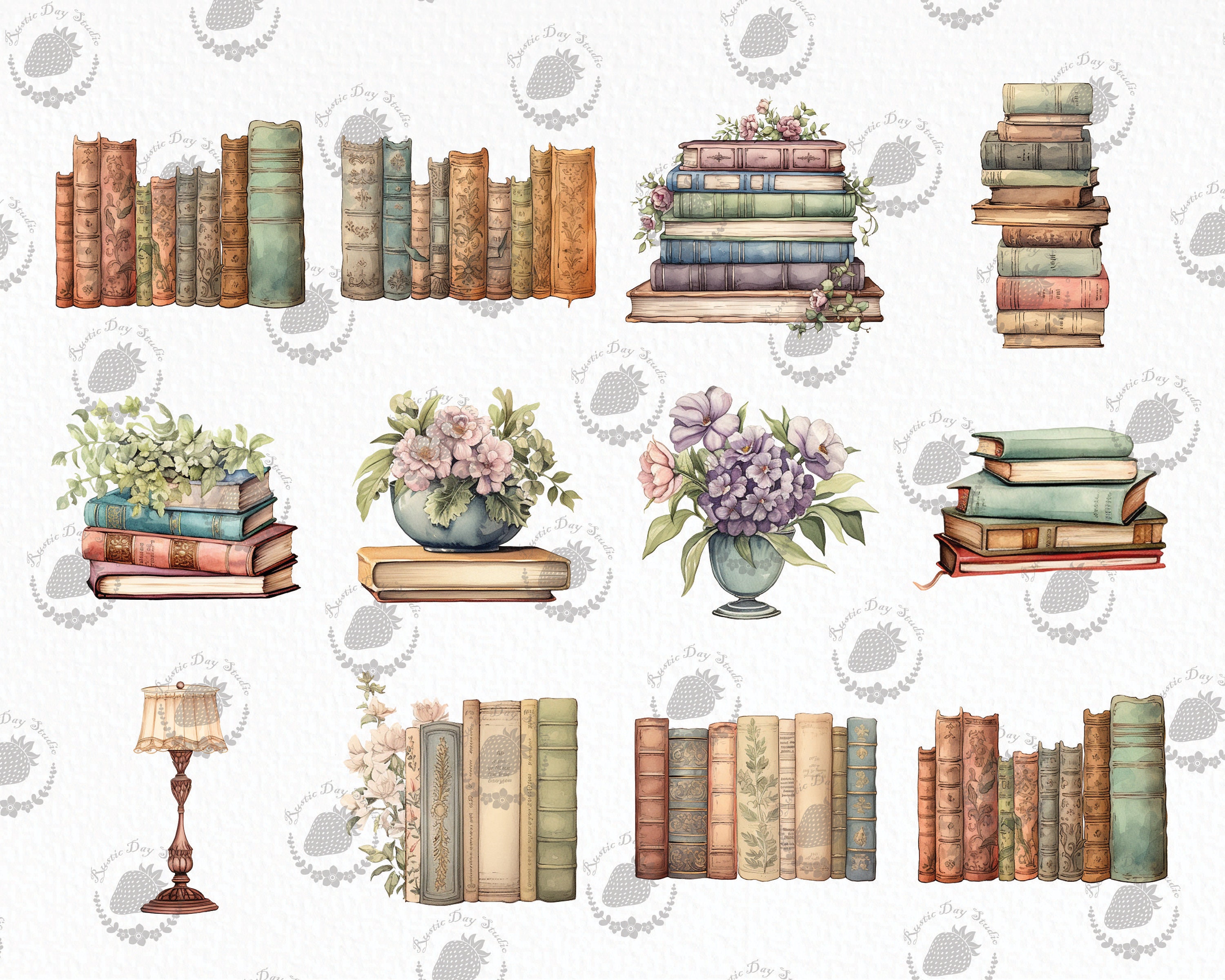 Watercolor Cottagecore Books Clipart Antique Books Bundle Library ...