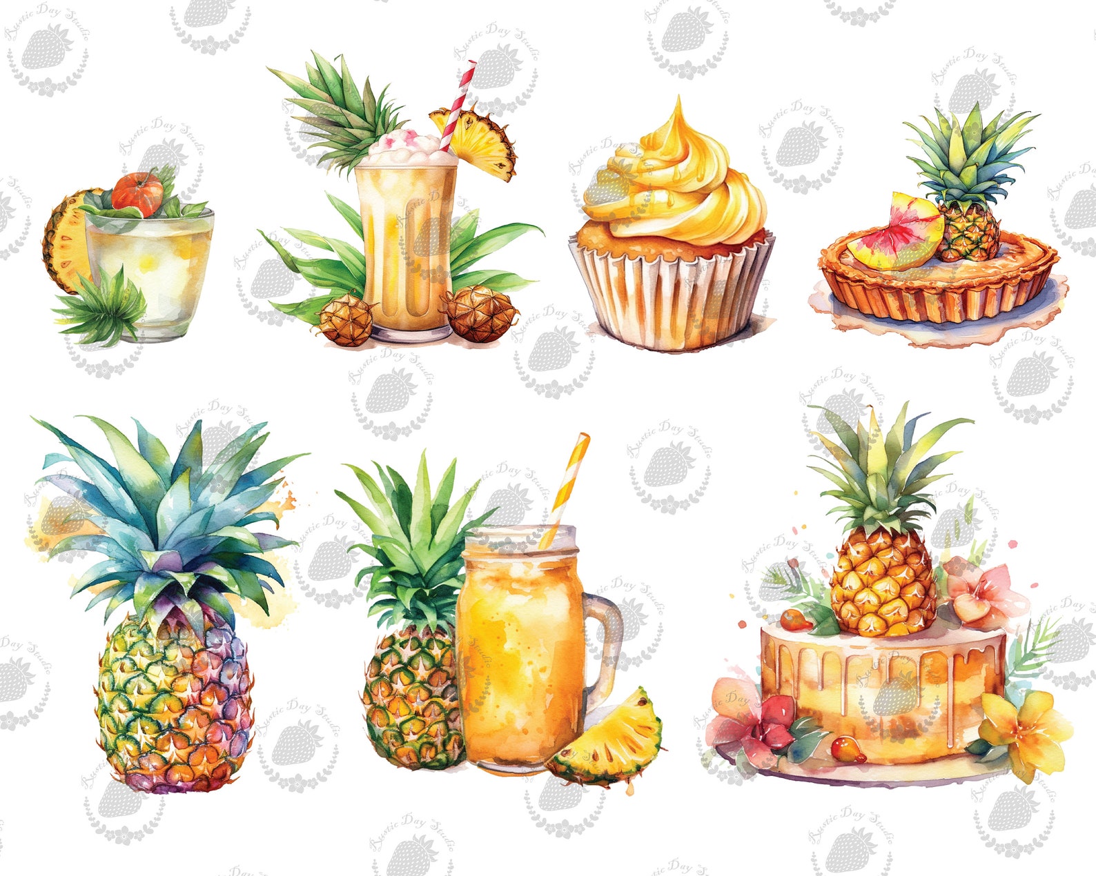 Watercolor Pineapple Clipart Tropical Clipart Piñacolada Clipart ...
