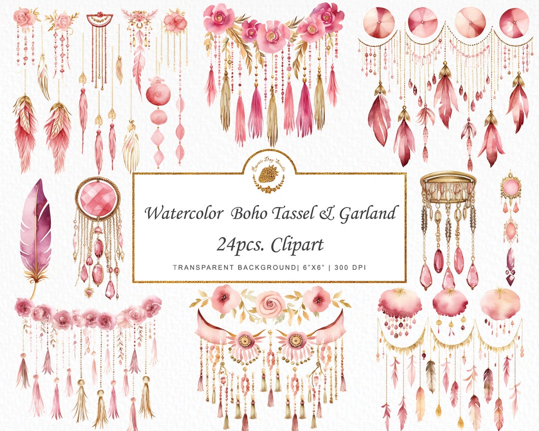 Watercolor Boho Clipart Tassel Clipart Garland Clipart Digital Art Pink ...