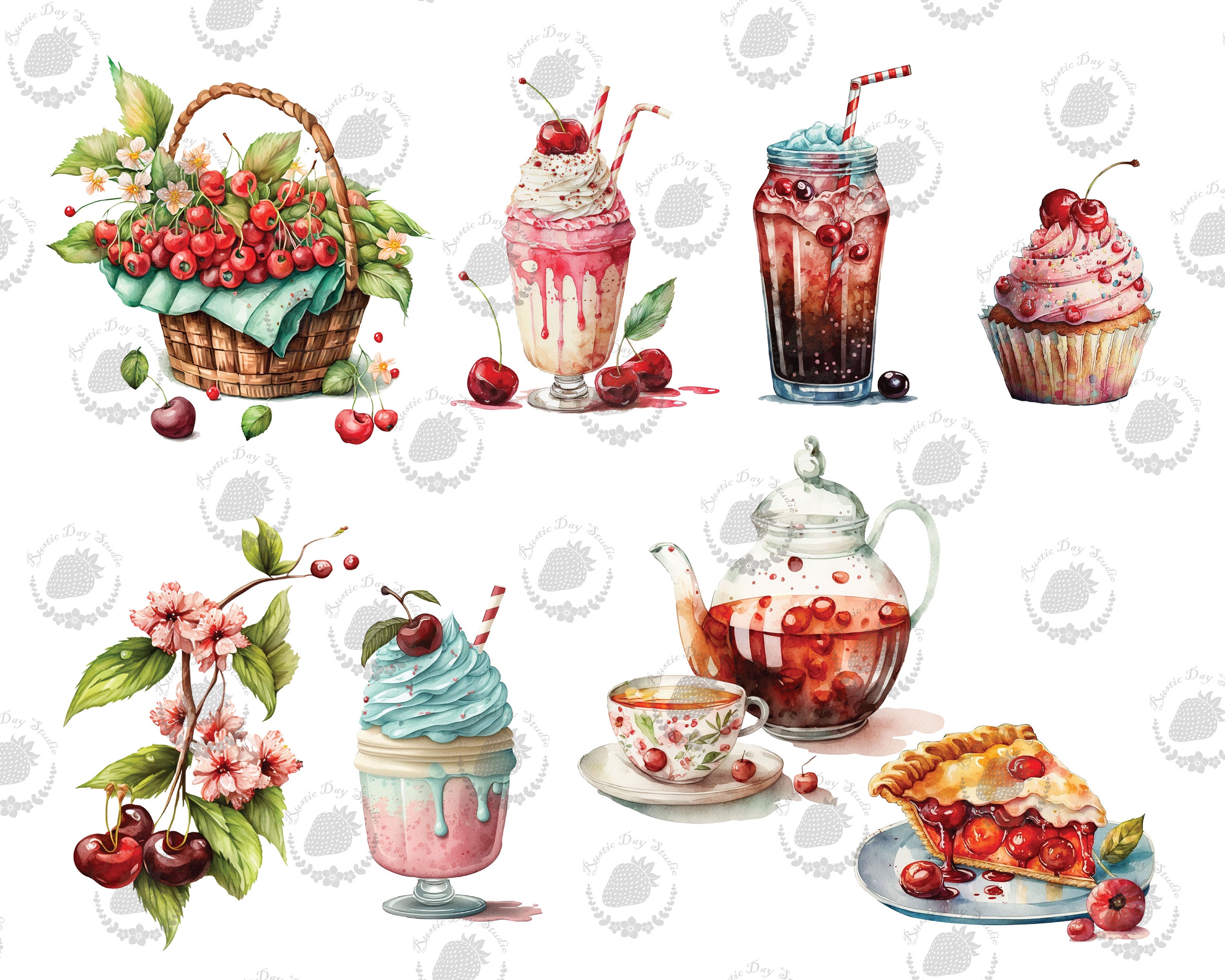 Watercolor Cherry Watercolor Cherry Clipart Bundle Vibrant Cherries ...