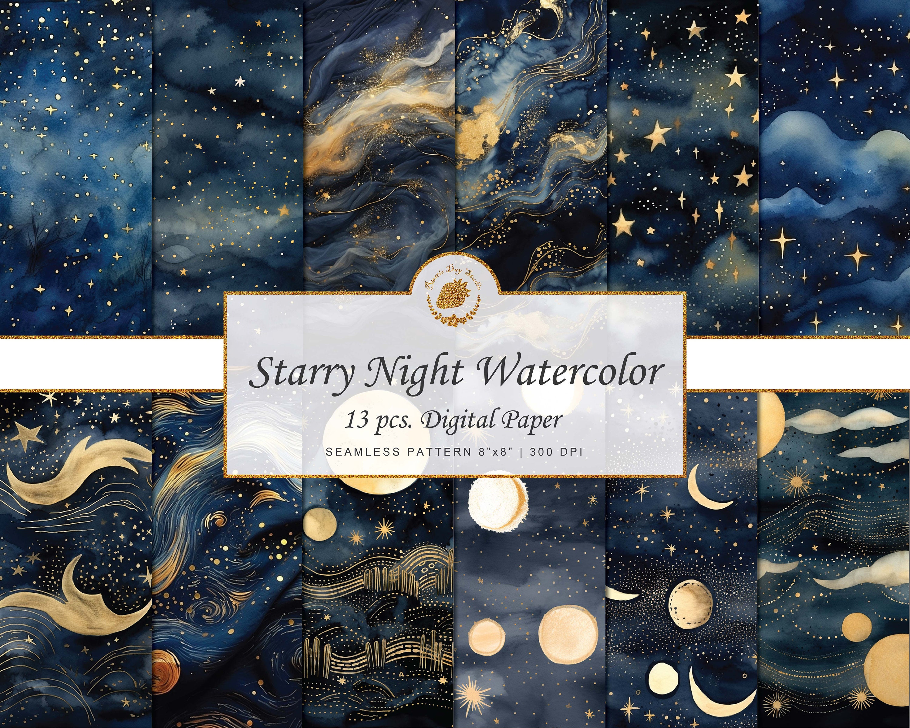 Starry Night Digital Paper Watercolor Sky Pattern Junk Journal Bundle ...