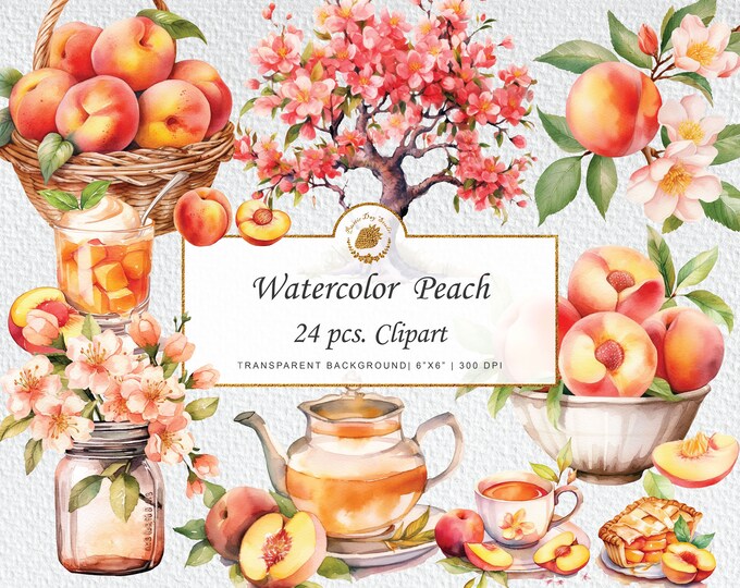 Peach Watercolor Clipart Bundle: Fruit Tree, Wreath, PNG (commercial ...