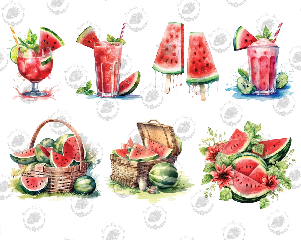 Watercolor Watermelon Clipart: Summer Fruit PNG Bundle - Etsy