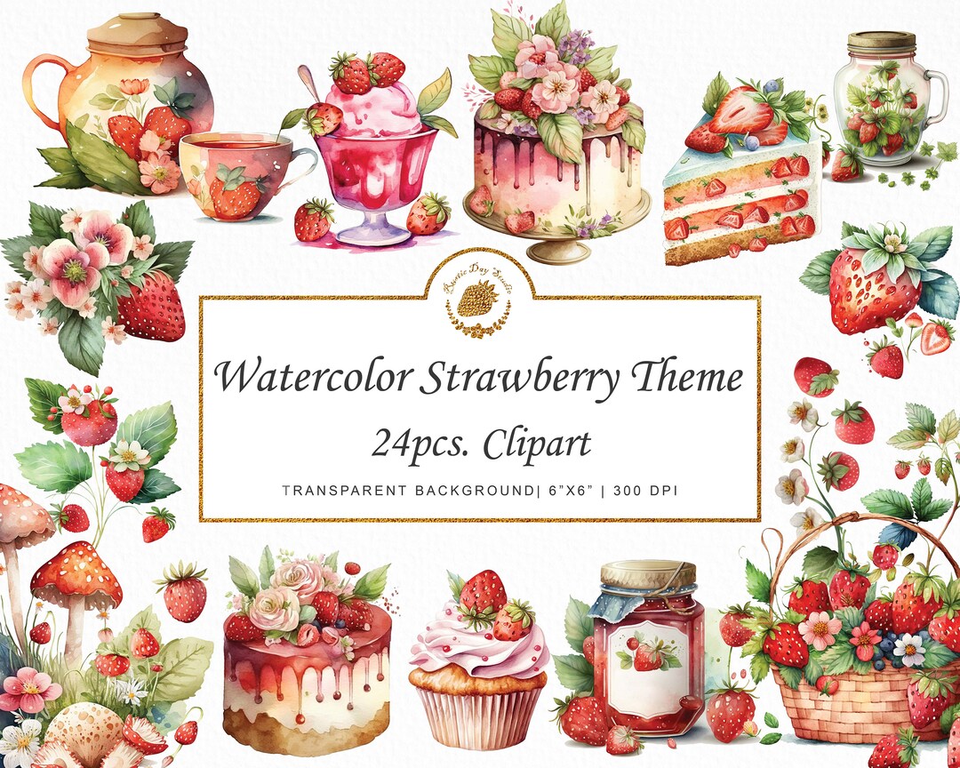Watercolor Strawberry Clipart Bundle: Cake, Shortcake, Invitation ...