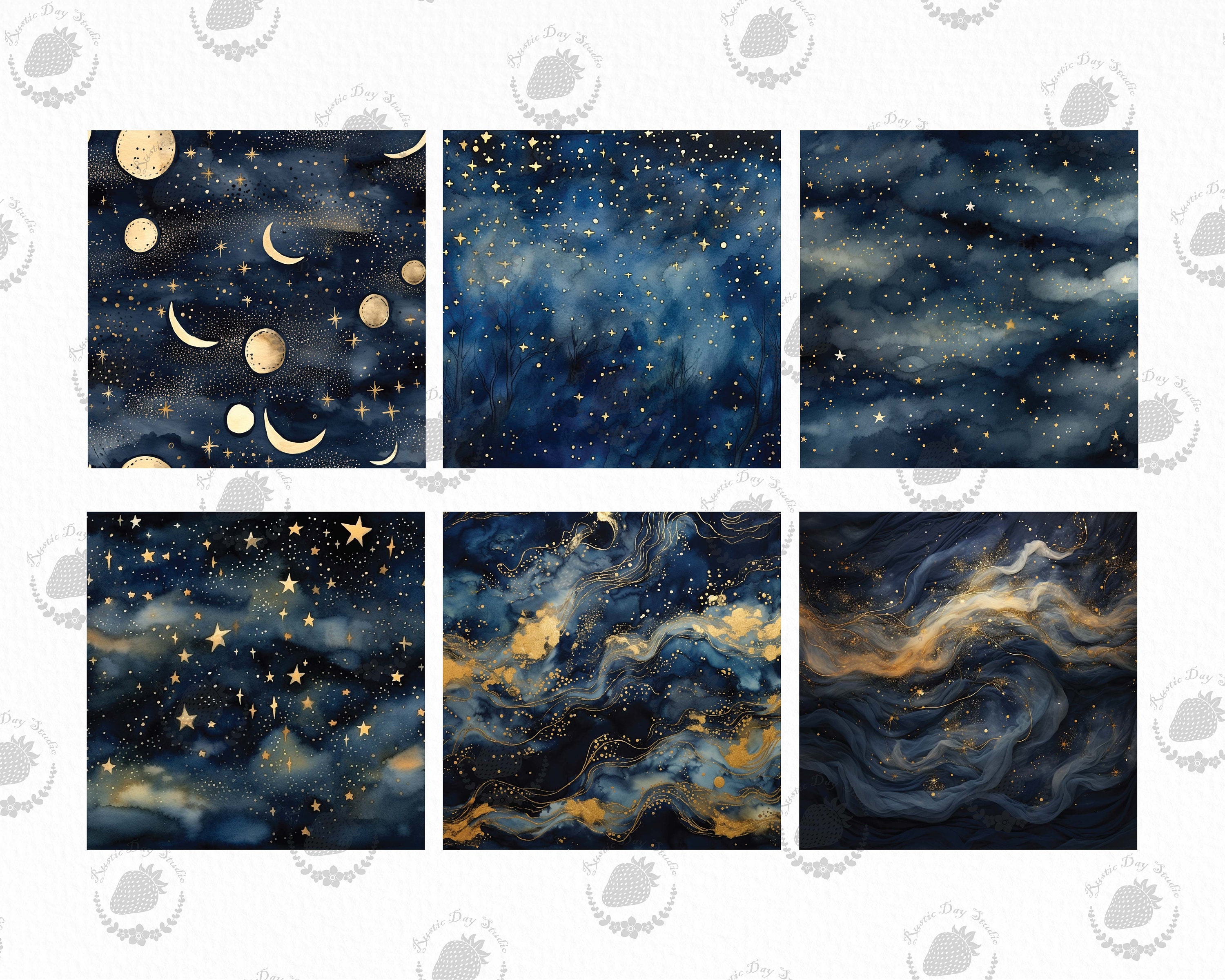 Starry Night Digital Paper Watercolor Sky Pattern Junk Journal Bundle ...