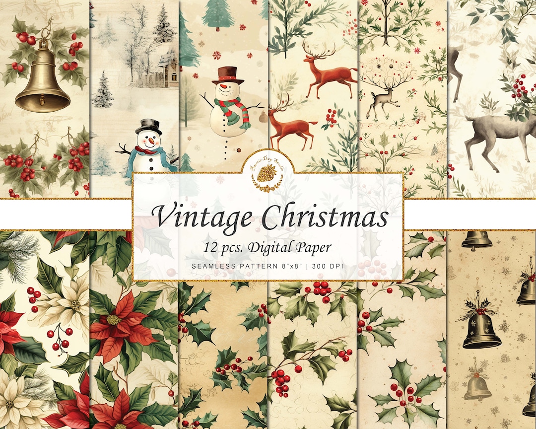 Vintage Christmas Digital Paper Distressed Christmas Paper Christmas ...