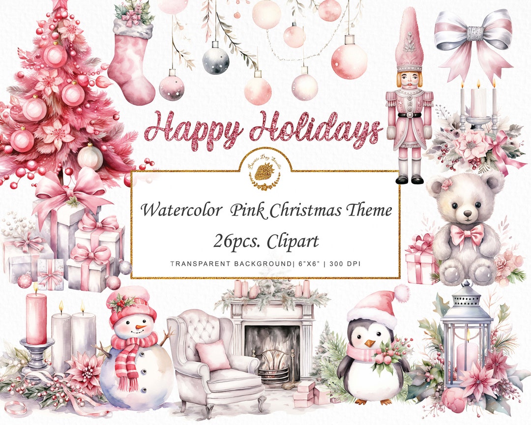 Watercolor Pink Christmas Theme Clipart Christmas Clipart Pink ...