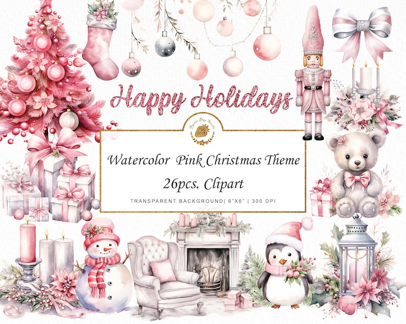Watercolor Pink Christmas Theme Clipart Christmas Clipart Pink ...