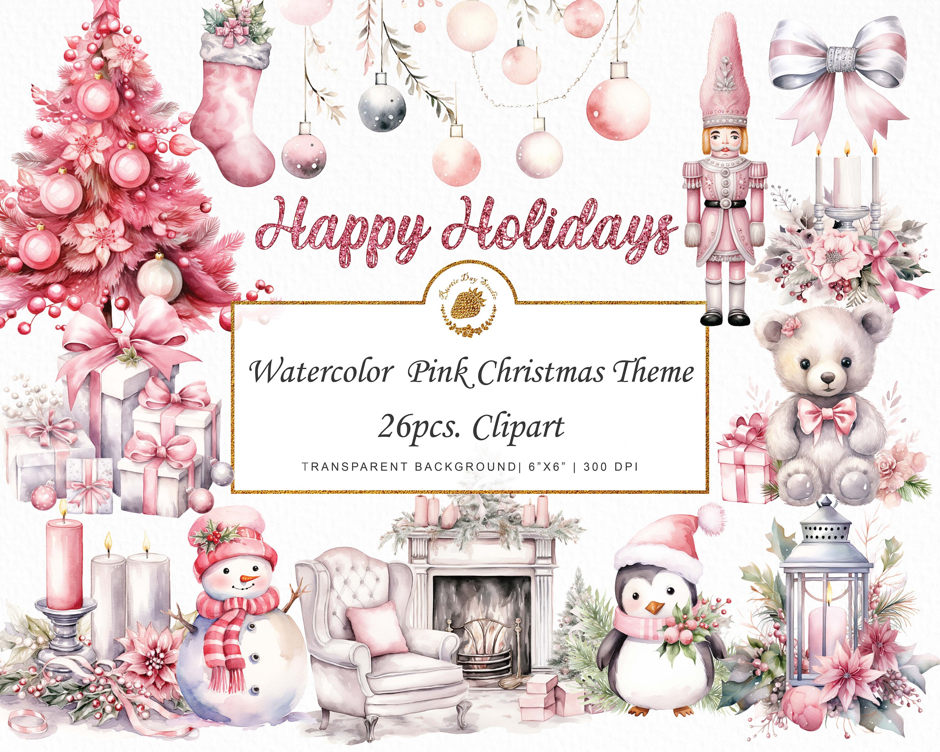 Watercolor Pink Christmas Theme Clipart Christmas Clipart Pink ...