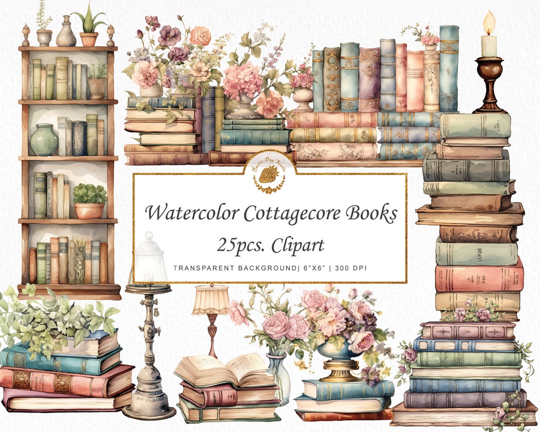 Watercolor Cottagecore Books Clipart Antique Books Bundle Library ...