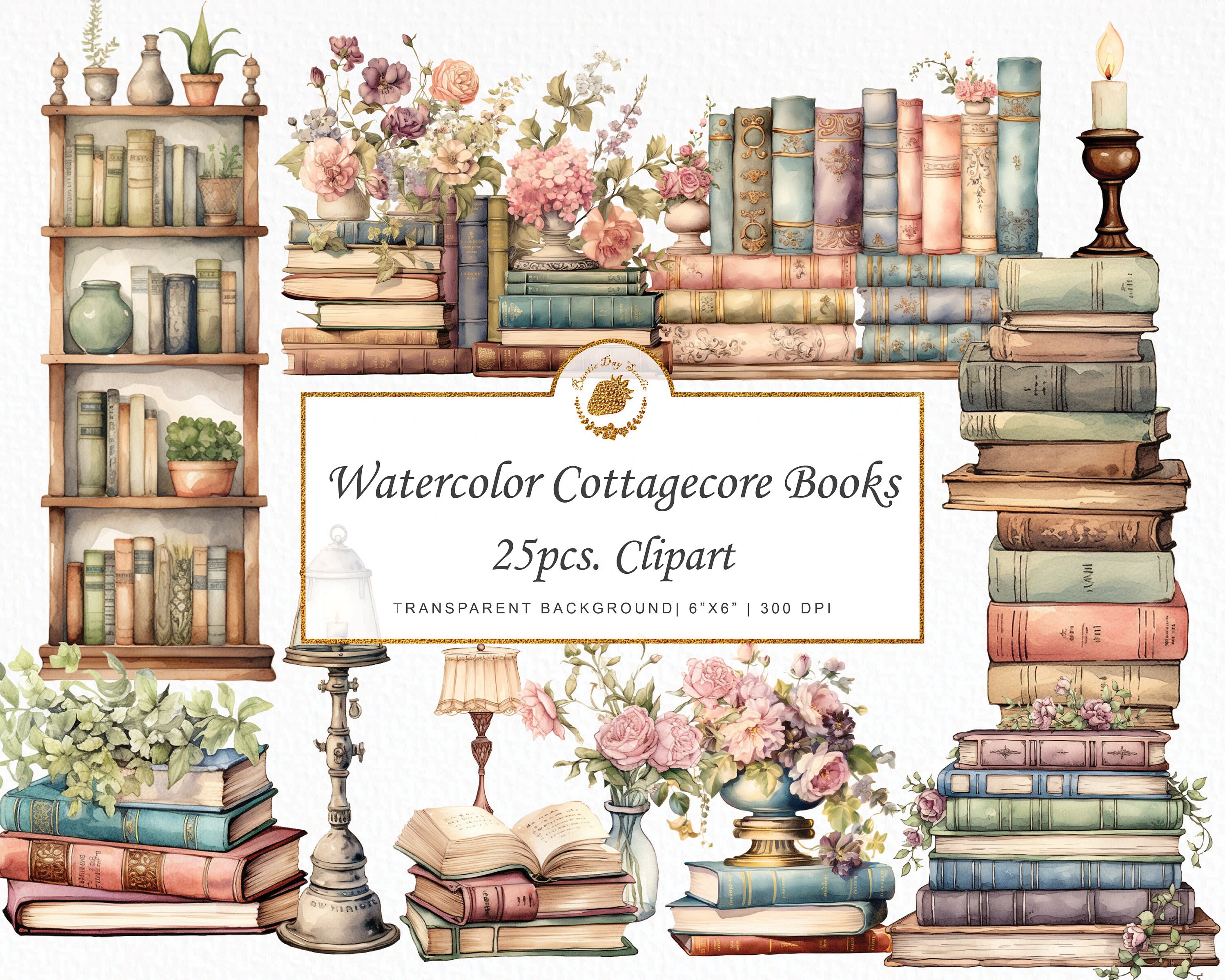 Watercolor Cottagecore Books Clipart Antique Books Bundle Library ...