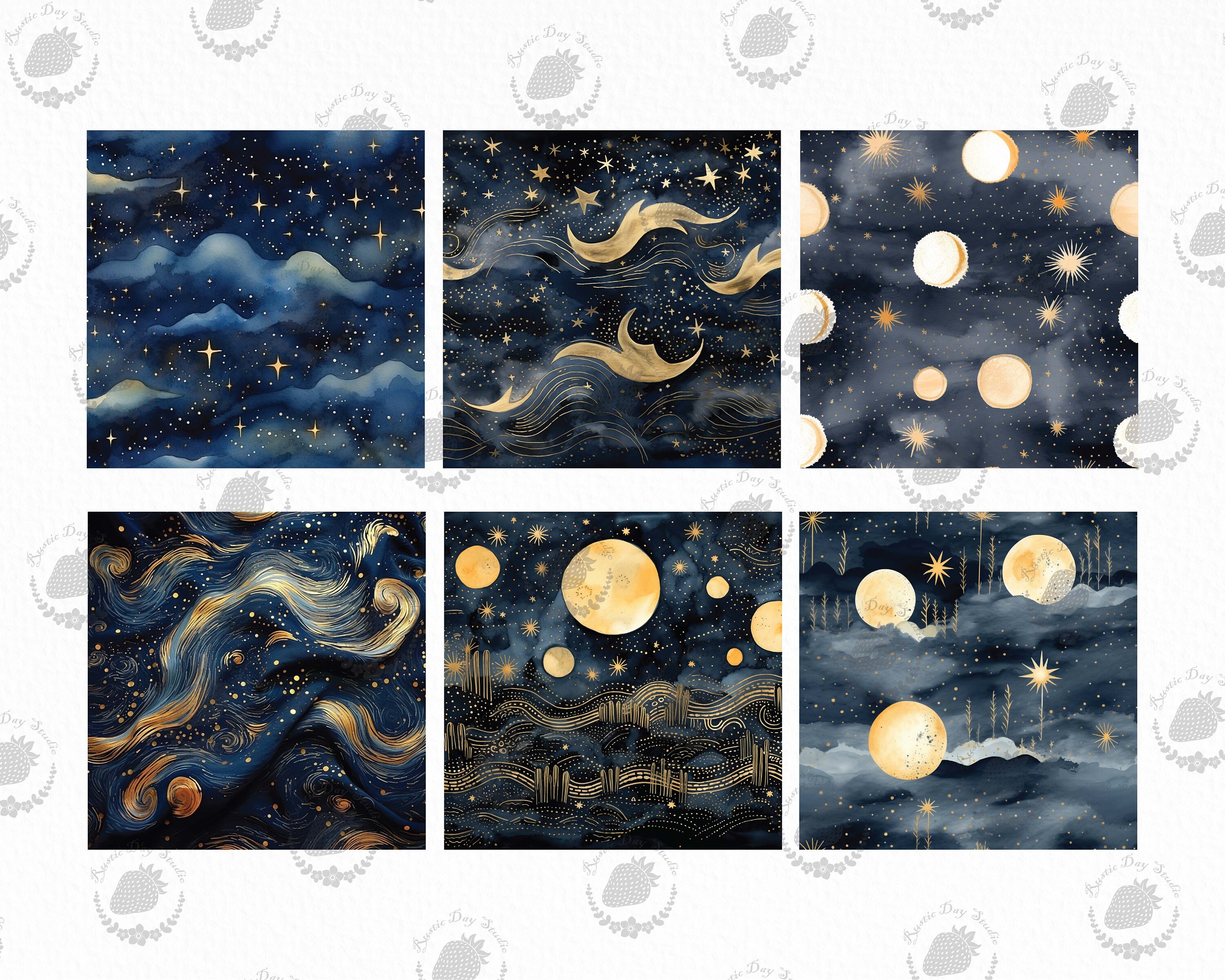 Starry Night Digital Paper Watercolor Sky Pattern Junk Journal Bundle ...