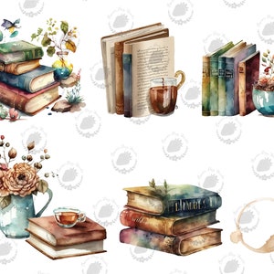 Watercolor Coffee and Books Clipart Coffee Cup Cute Rustic Floral Desk ...