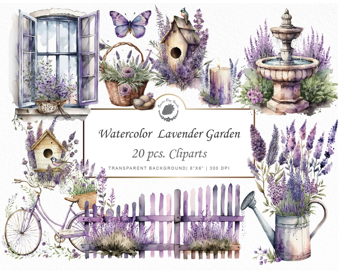 Watercolor Lavender Garden Clipart Lavender Clipart Flowers Cottagecore ...
