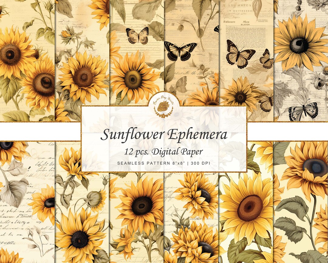 Sunflower Digital Paper Seamless Pattern Vintage Ephemera Junk Journal Scrapbooking Wallpaper ...