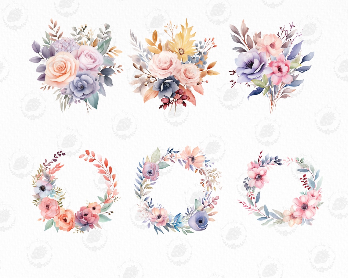 Watercolor Pastel Flowers PNG Watercolor Floral Clipart Bouquets ...