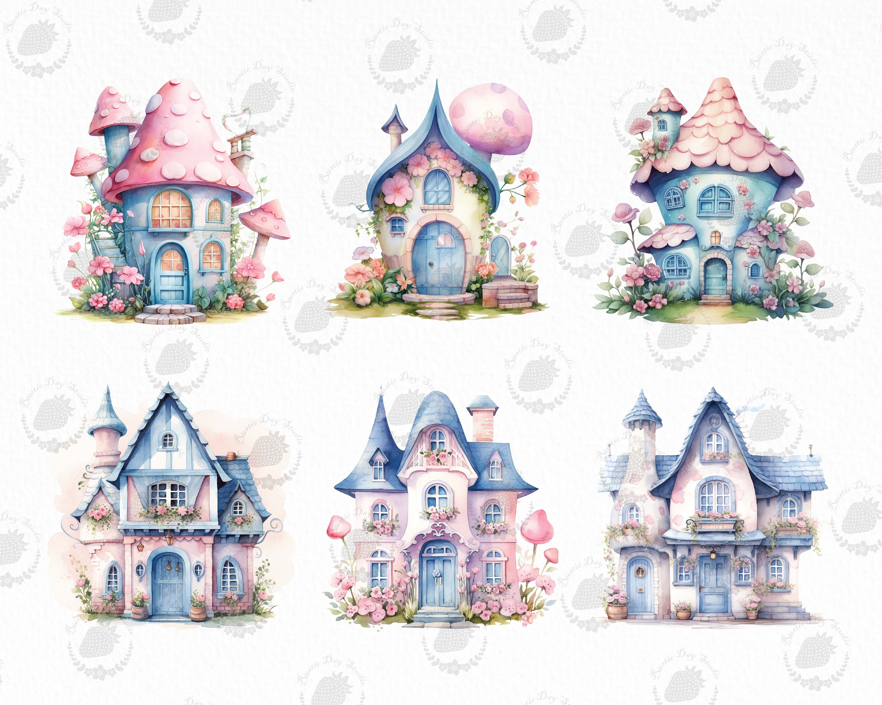 Watercolor Cute Pastel Fairy House Watercolor Clipart Fantasy Clipart ...