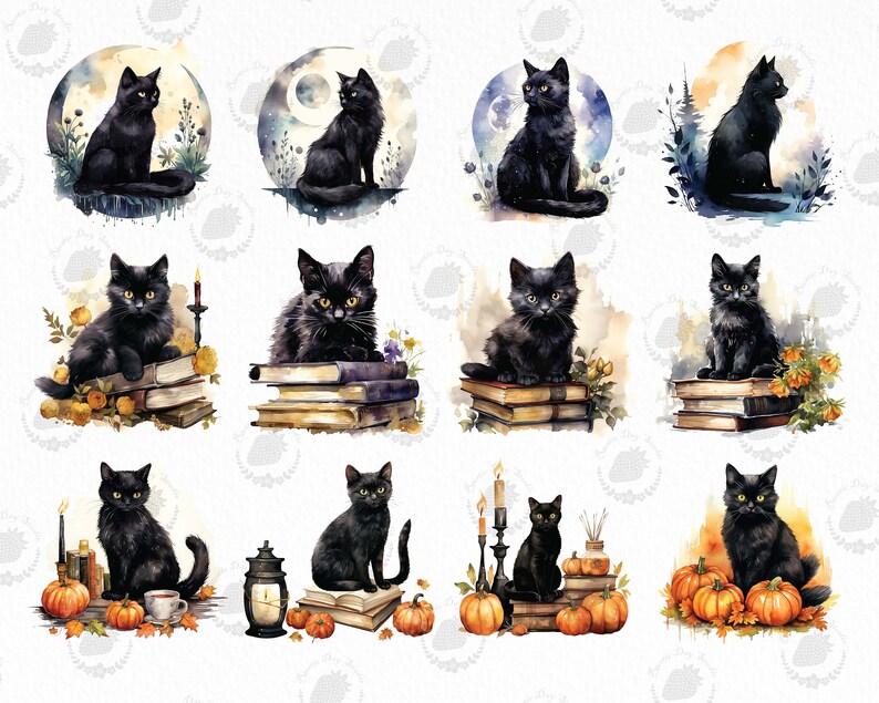 Watercolor Black Cat Clipart Catt Clipart Halloween Clipart Watercolor ...