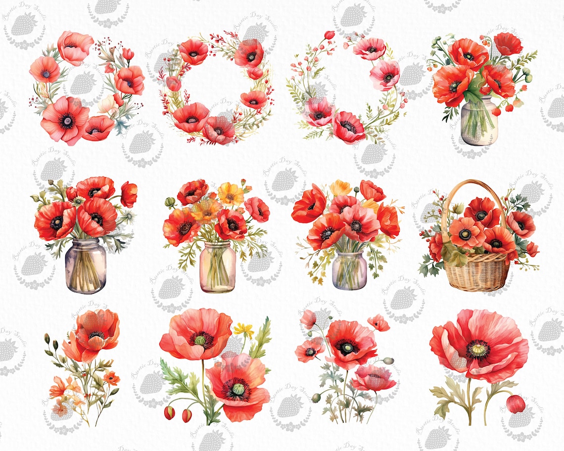 Watercolor Poppy Clipart Poppies Clipart PNG SVG Floral Watercolor ...