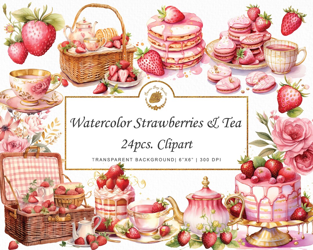 Watercolor Strawberry Tea Clipart: PNG, SVG, Picnic Graphics (digital ...