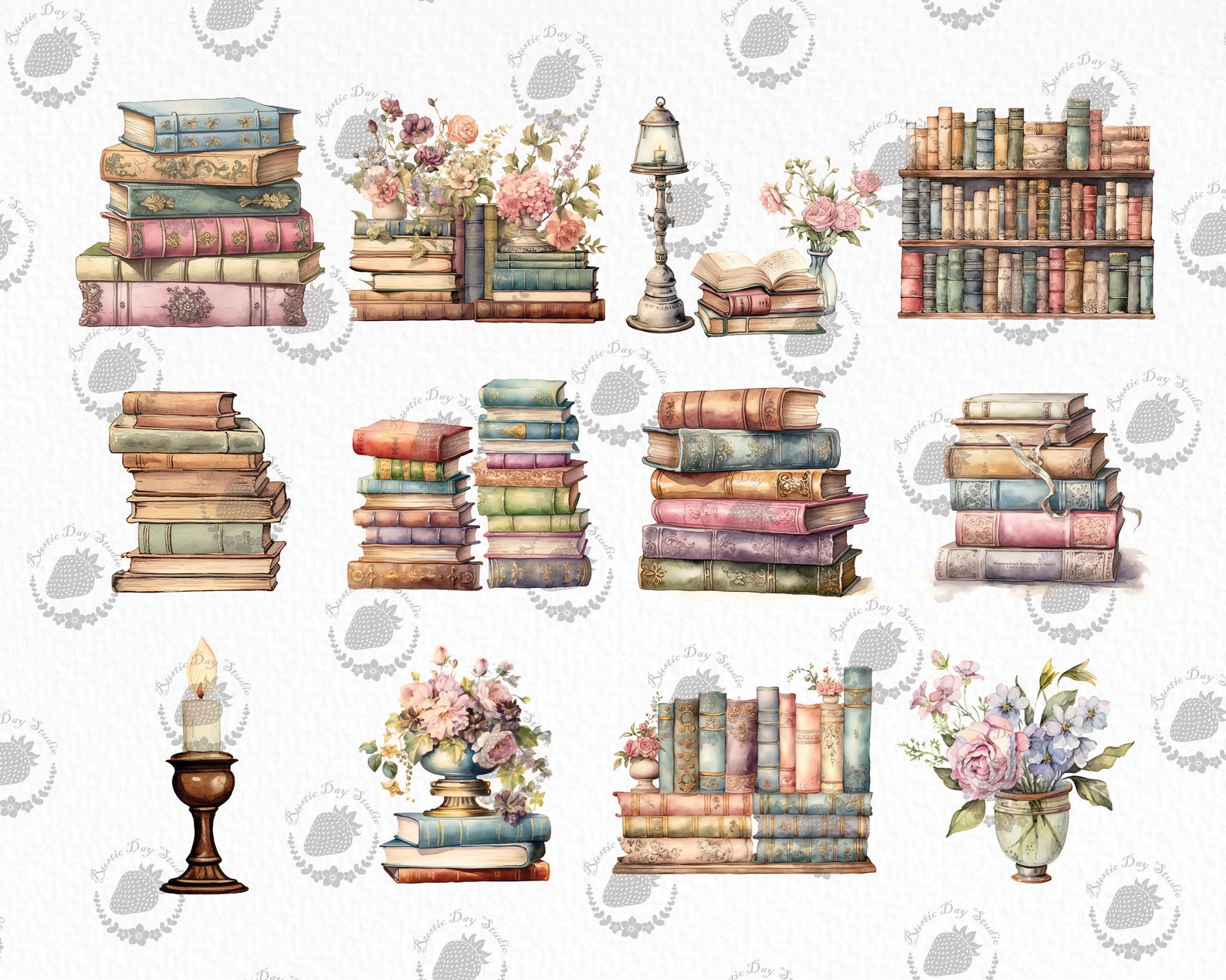 Watercolor Cottagecore Books Clipart Antique Books Bundle Library ...