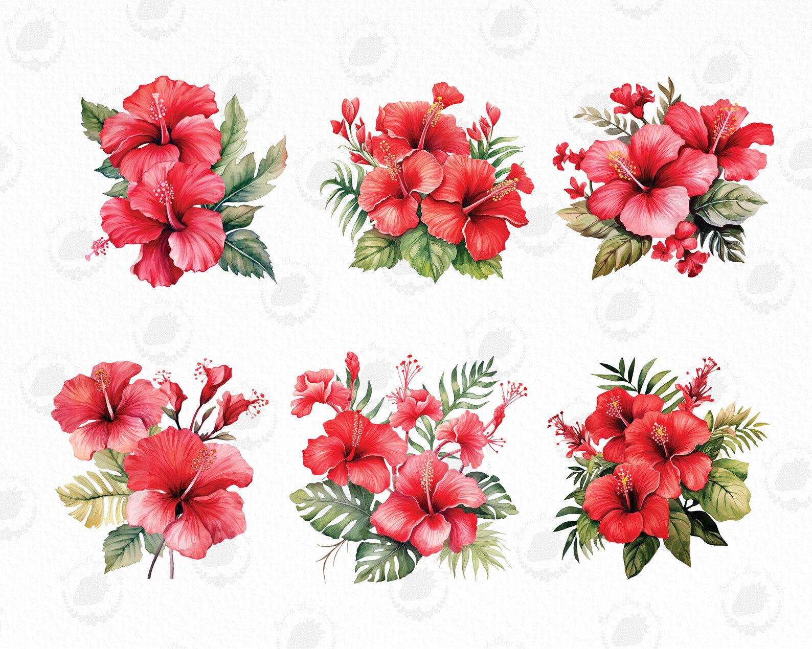Watercolor Red Hibiscus Clipart Tropical Hibiscus Clipart Bundle Floral ...