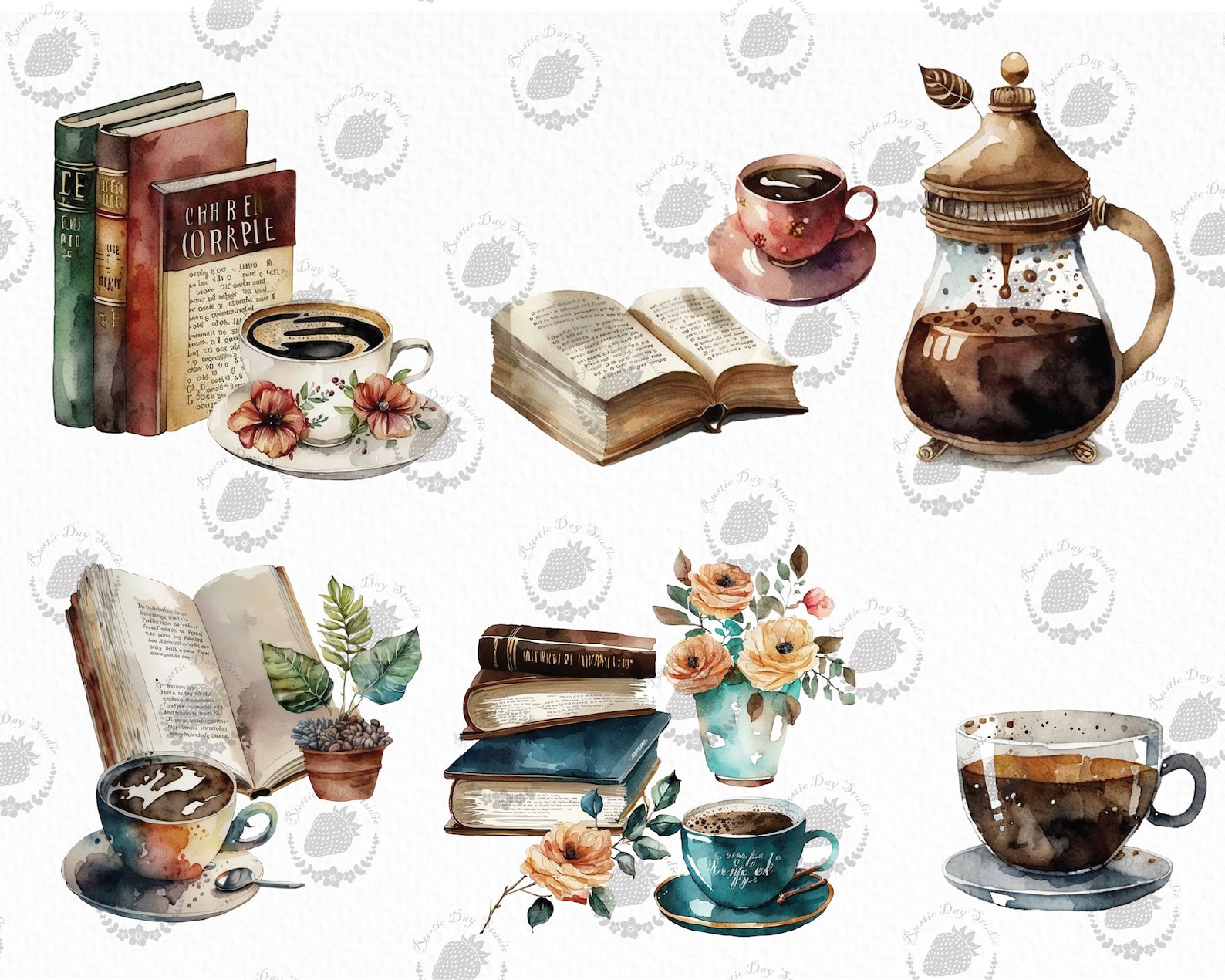 Watercolor Coffee and Books Clipart Coffee Cup Cute Rustic Floral Desk ...