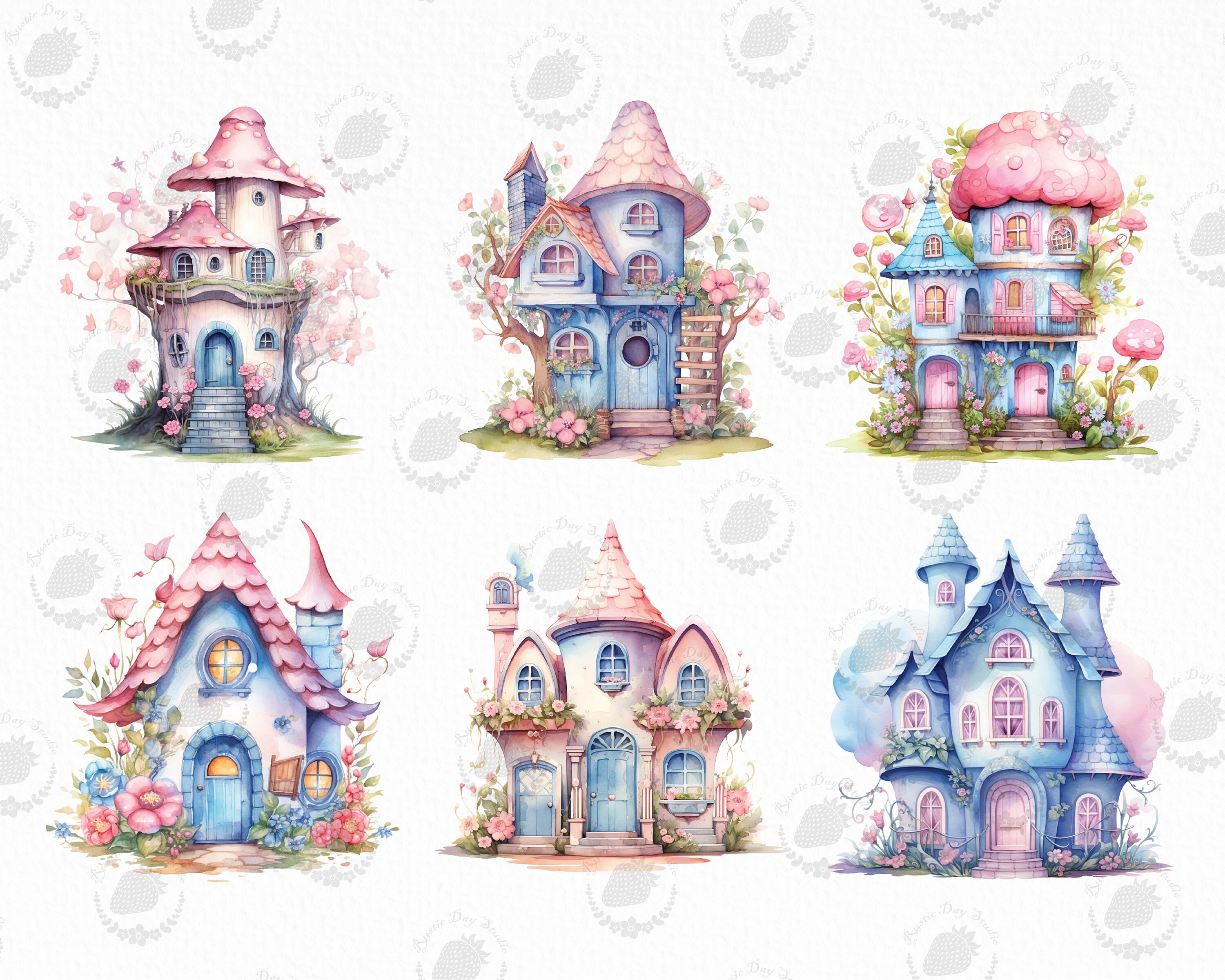 Watercolor Cute Pastel Fairy House Watercolor Clipart Fantasy Clipart ...