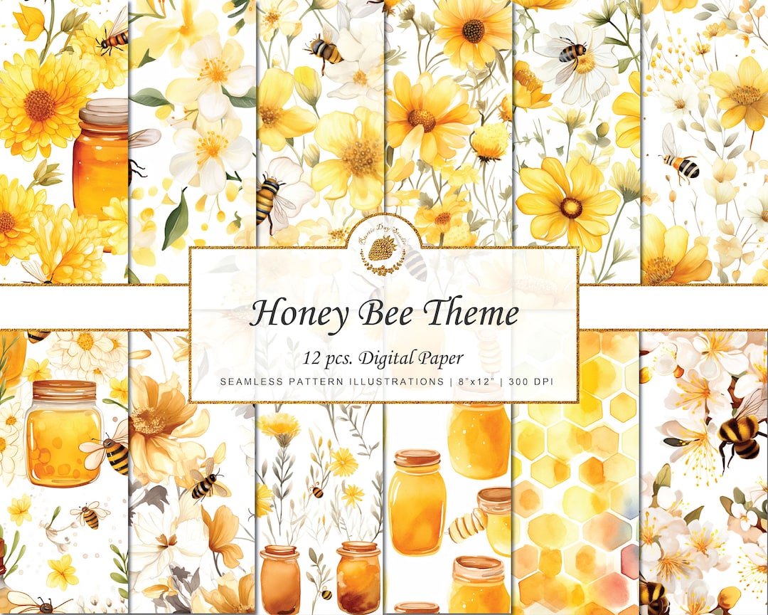Honey Bee Digital Paper: Floral Spring Garden Patterns (digital ...