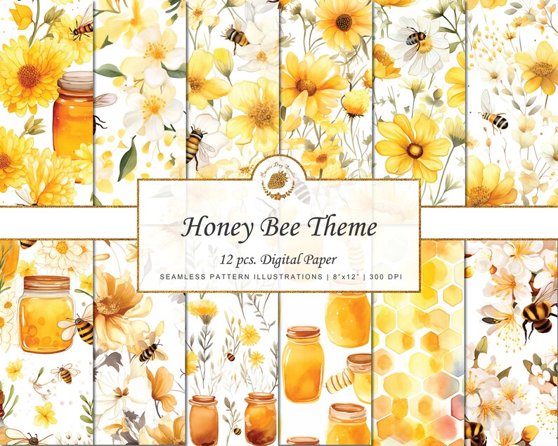 Honey Bee Digital Paper Seamless Bee Pattern Bundle Floral Pattern ...