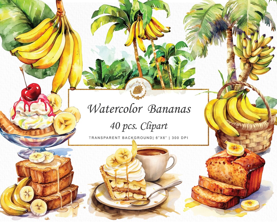 Watercolor Tropical Banana Watercolor Banana Clipart Bundle Juicy and ...