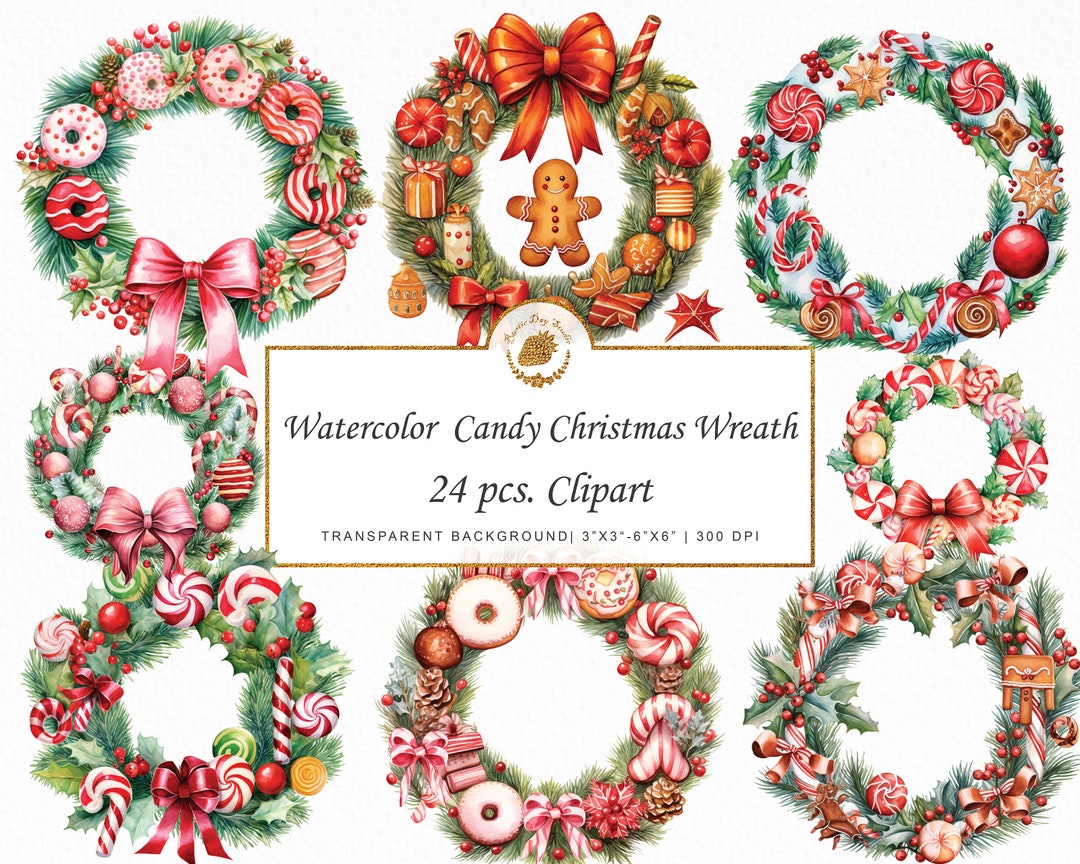 Watercolor Candy Clipart Christmas Wreath Candy Christmas Clipart ...