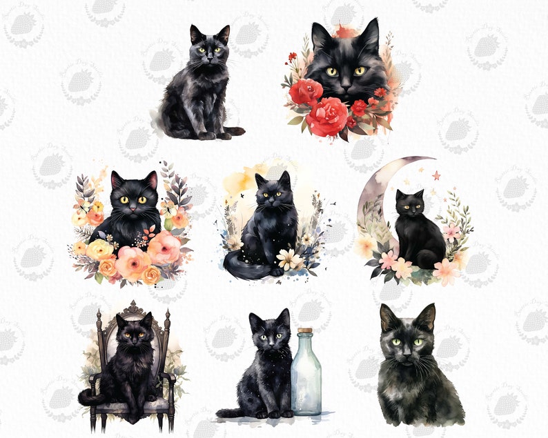 Watercolor Black Cat Clipart Catt Clipart Halloween Clipart Watercolor ...