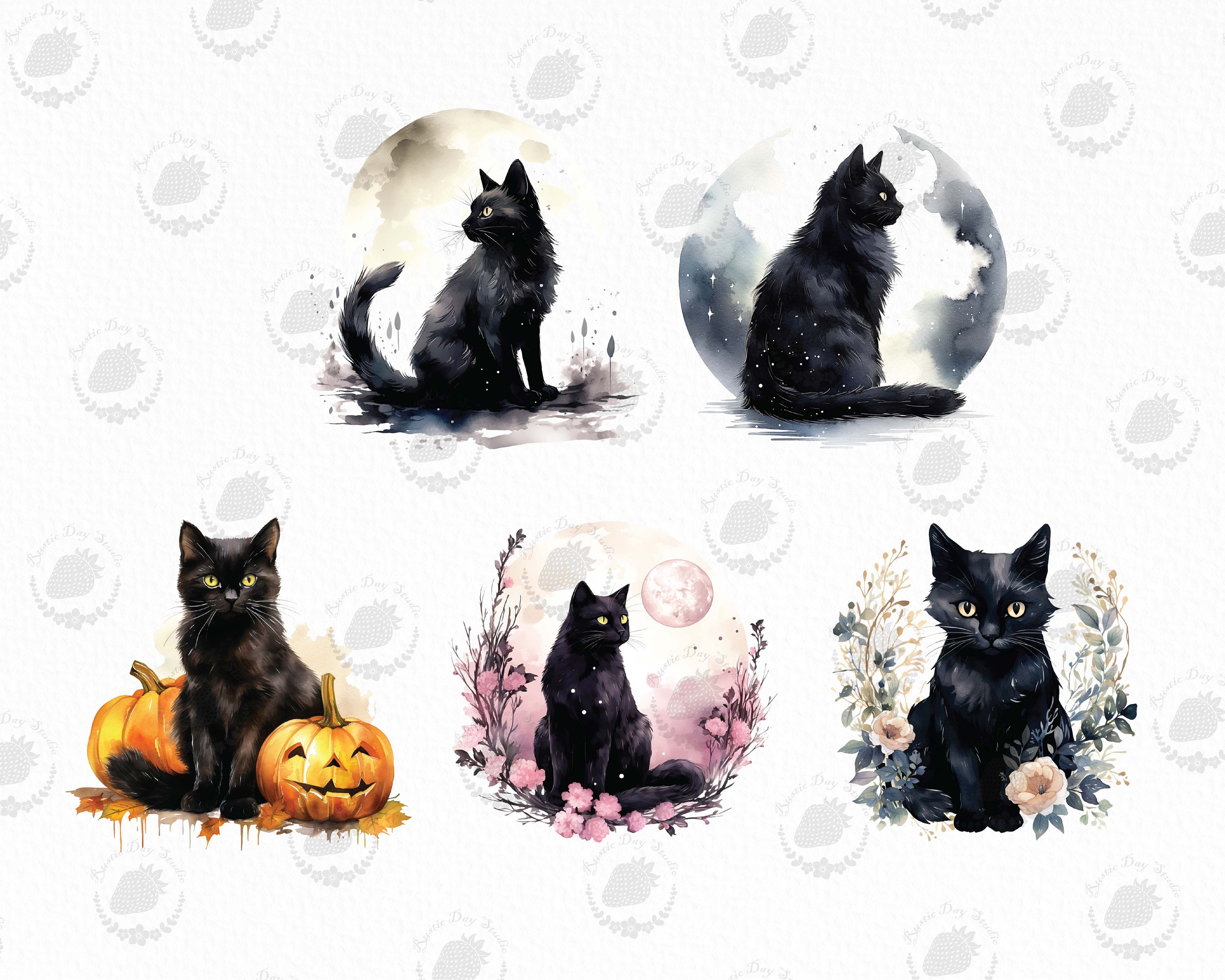 Watercolor Black Cat Clipart Catt Clipart Halloween Clipart Watercolor ...