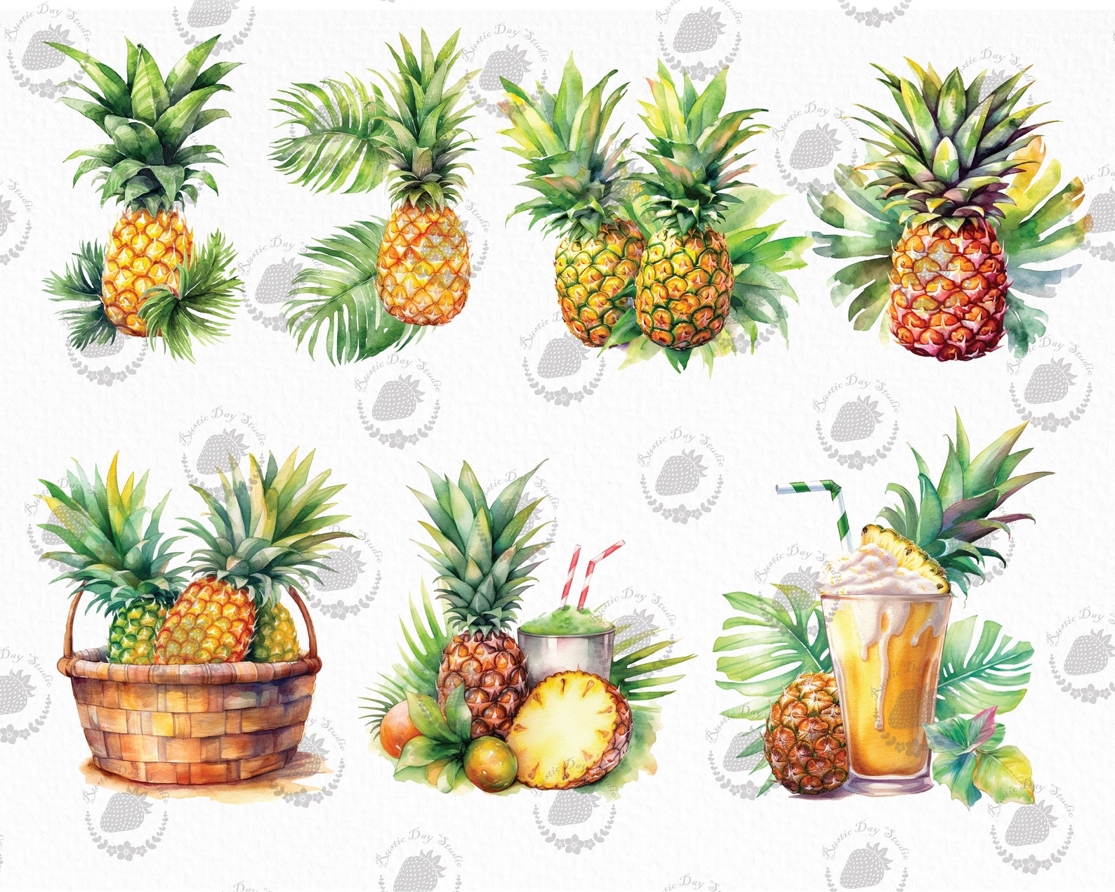 Watercolor Pineapple Clipart Tropical Clipart Piñacolada Clipart ...
