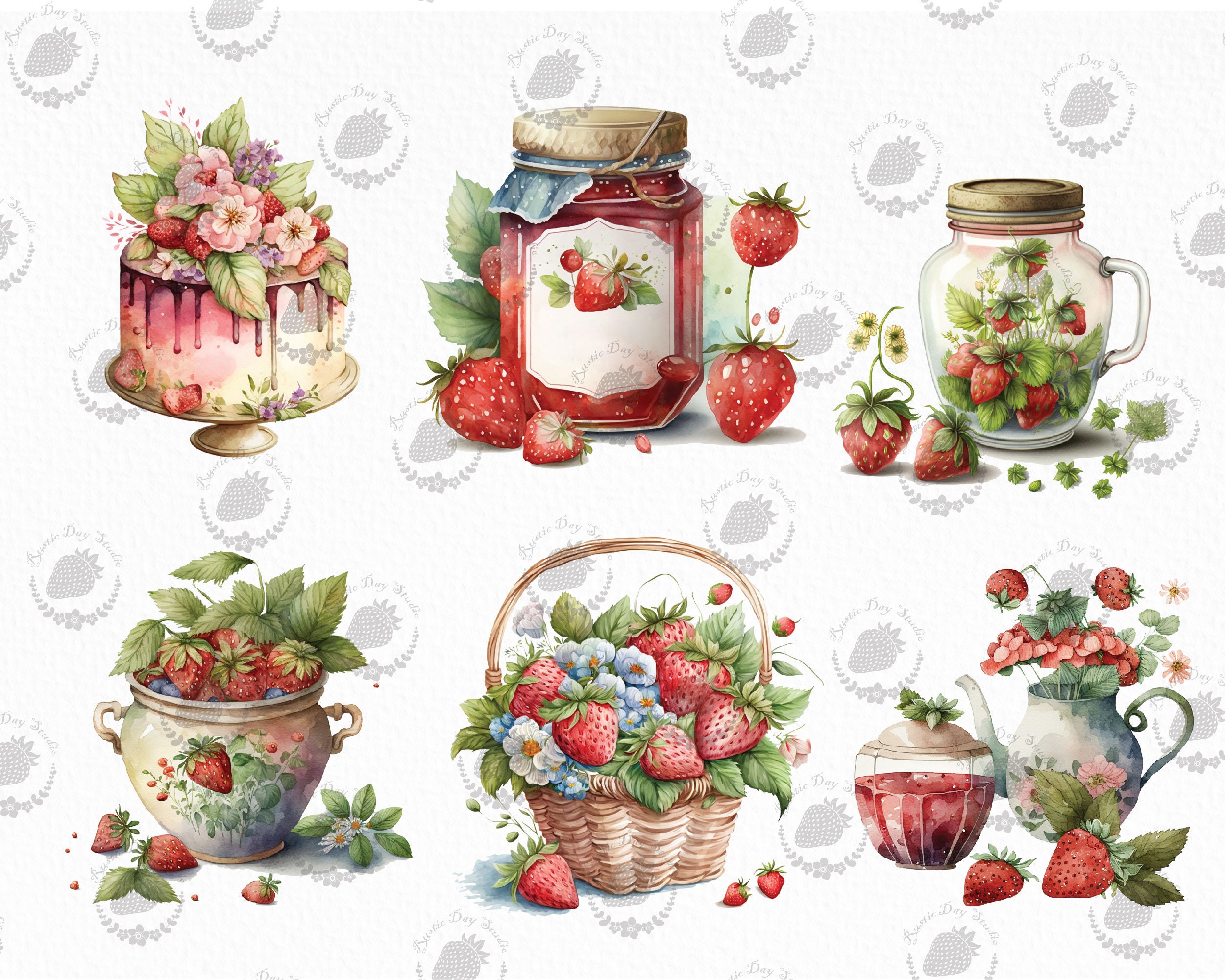 Watercolor Strawberry Clipart Bundle: Cake, Shortcake, Invitation ...