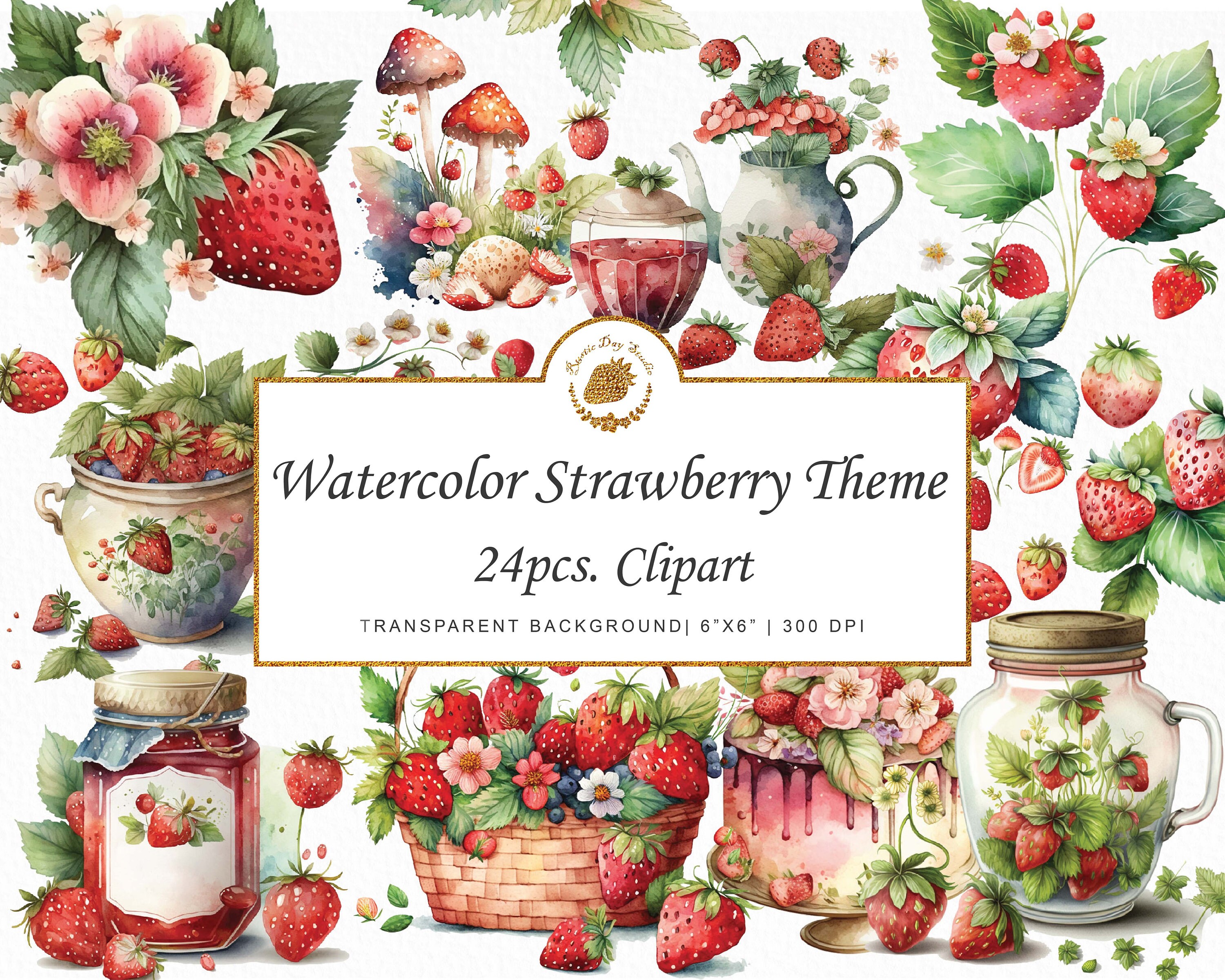 Watercolor Strawberry Clipart Bundle: Cake, Shortcake, Invitation ...