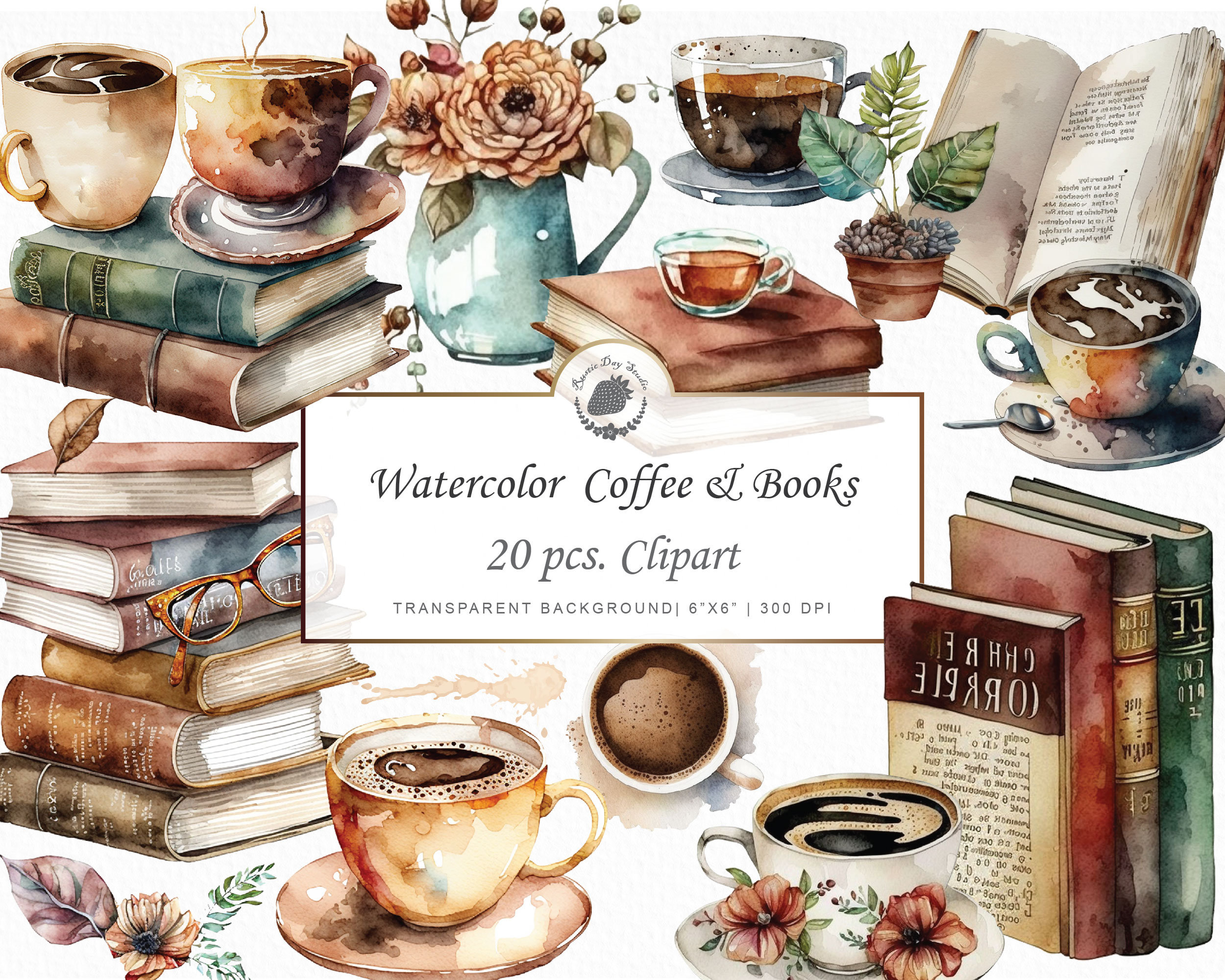 Watercolor Coffee and Books Clipart Coffee Cup Cute Rustic - Etsy