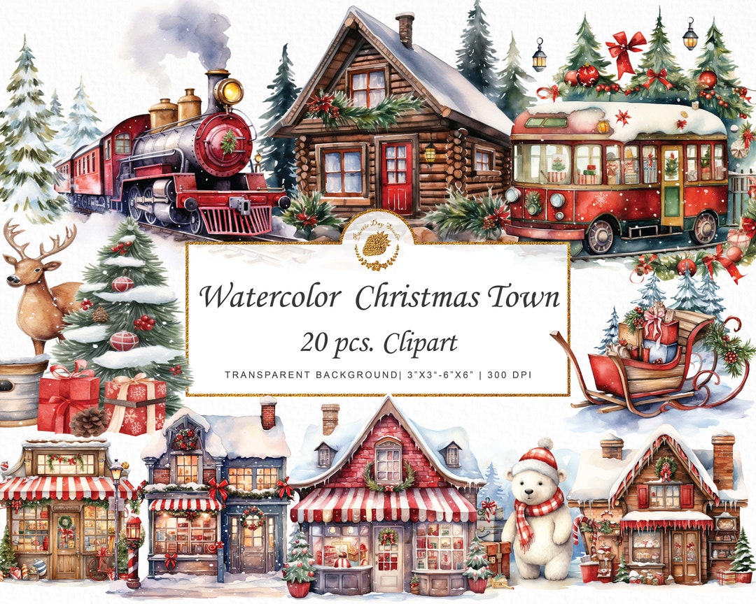 Watercolor Christmas Town Clipart North Pole Clipart Christmas Card ...