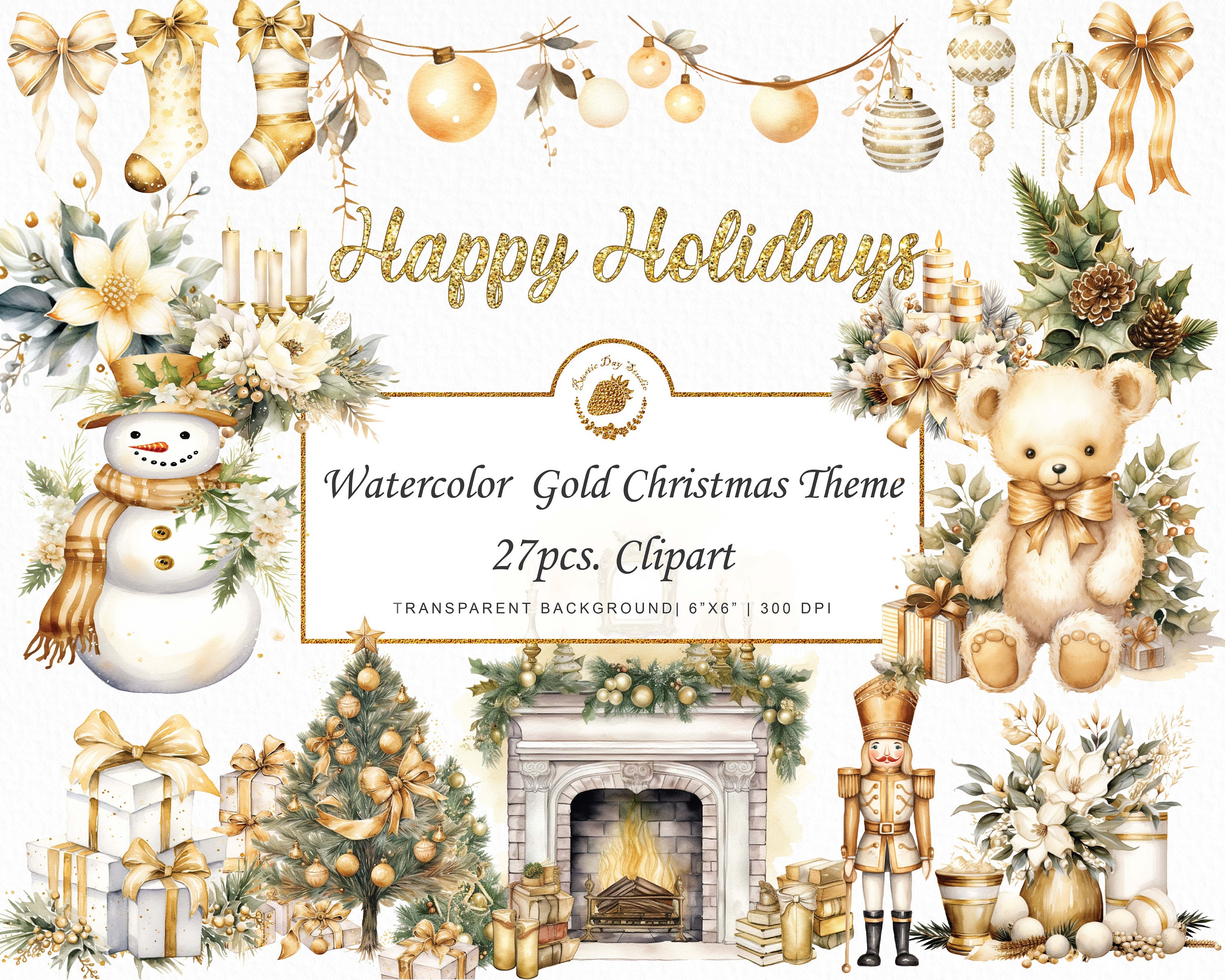 Watercolor Gold Christmas Clipart Bundle (PNG, SVG) - Etsy