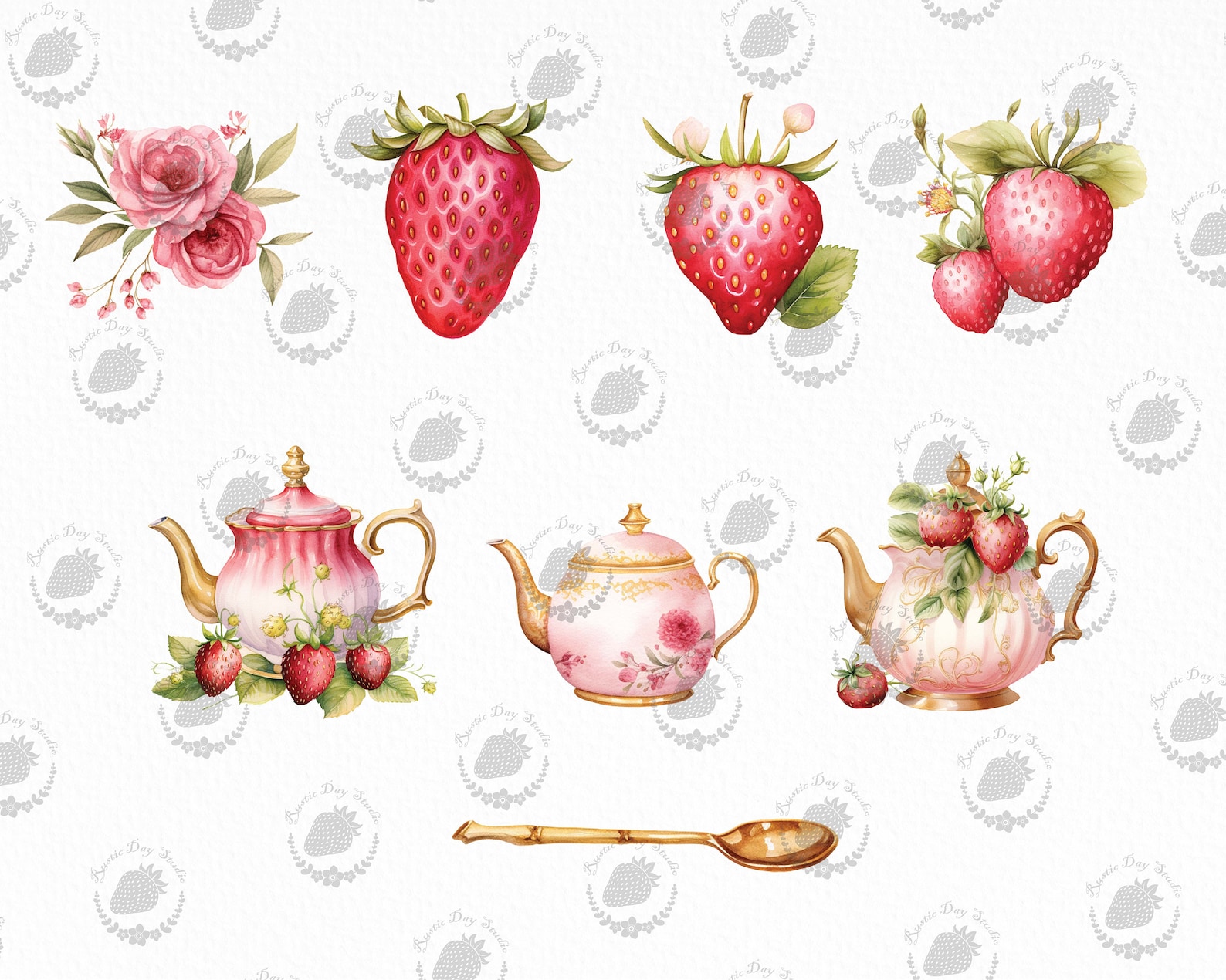 Watercolor Strawberry Tea Clipart: PNG, SVG, Picnic Graphics (digital ...