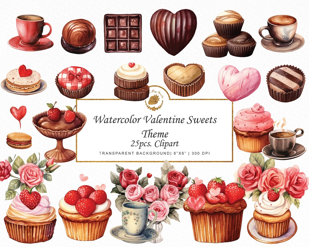 Watercolor Sweets Valentine Clipart Heart Bundle Coffee Graphics ...