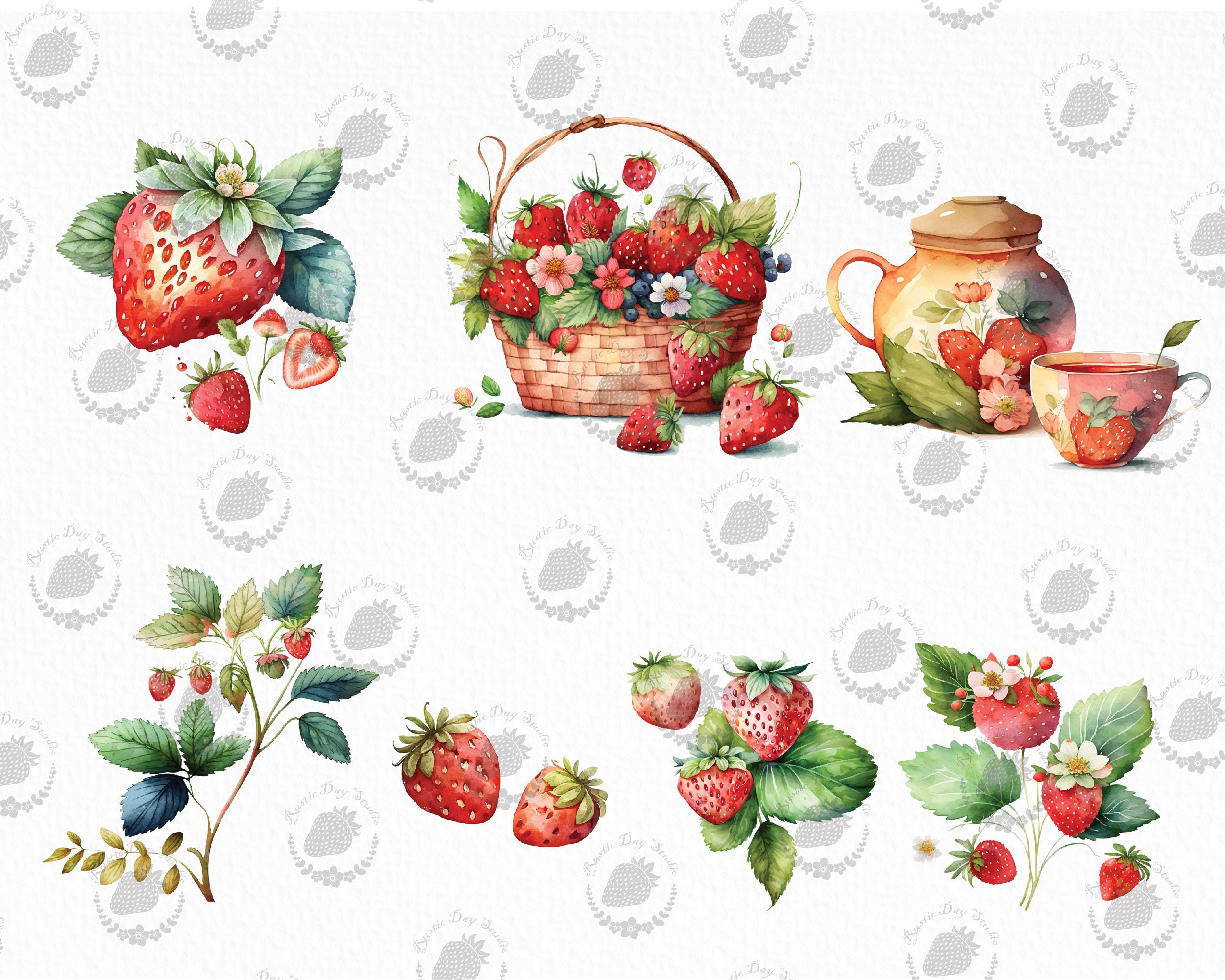 Watercolor Strawberry Clipart Bundle: Cake, Shortcake, Invitation ...